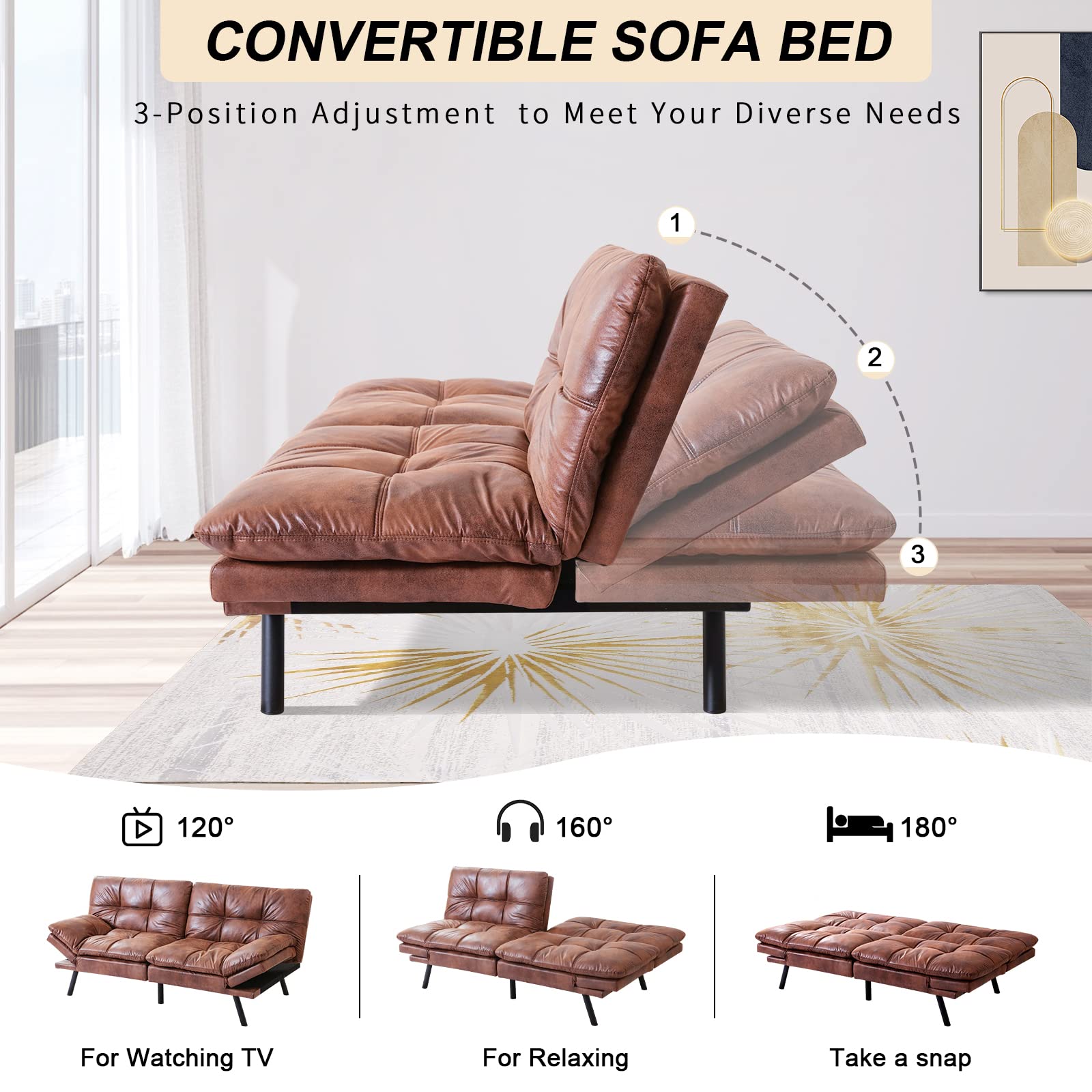 Opoiar, Memory Foam Couch Bed, Modern Sleeper Sofa with Adjustable Armrest&Backrest, Convertible Futon Sets for Compact Living Spaces, Sofabed, Brown-3