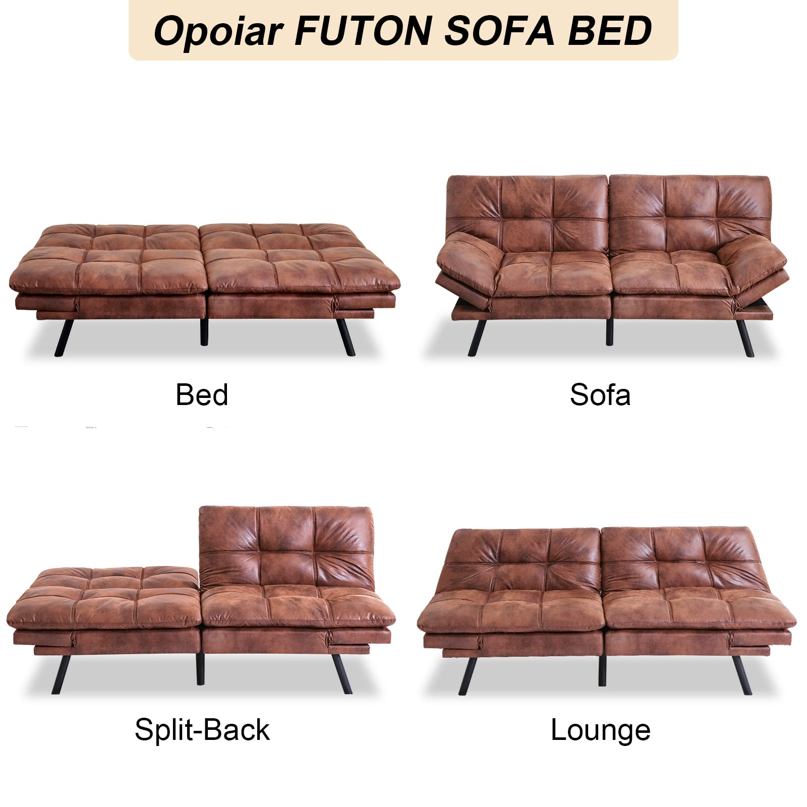 Opoiar, Memory Foam Couch Bed, Modern Sleeper Sofa with Adjustable Armrest&Backrest, Convertible Futon Sets for Compact Living Spaces, Sofabed, Brown-3