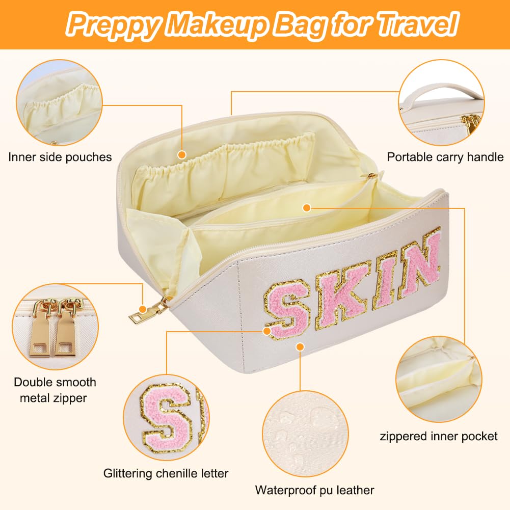 JOINDO Large Capacity Skincare Bag, Chenille Letter Preppy Makeup Bag, PU Leather Large Capacity Travel Cosmetic Bag with Divider and Handle, Gift for Women