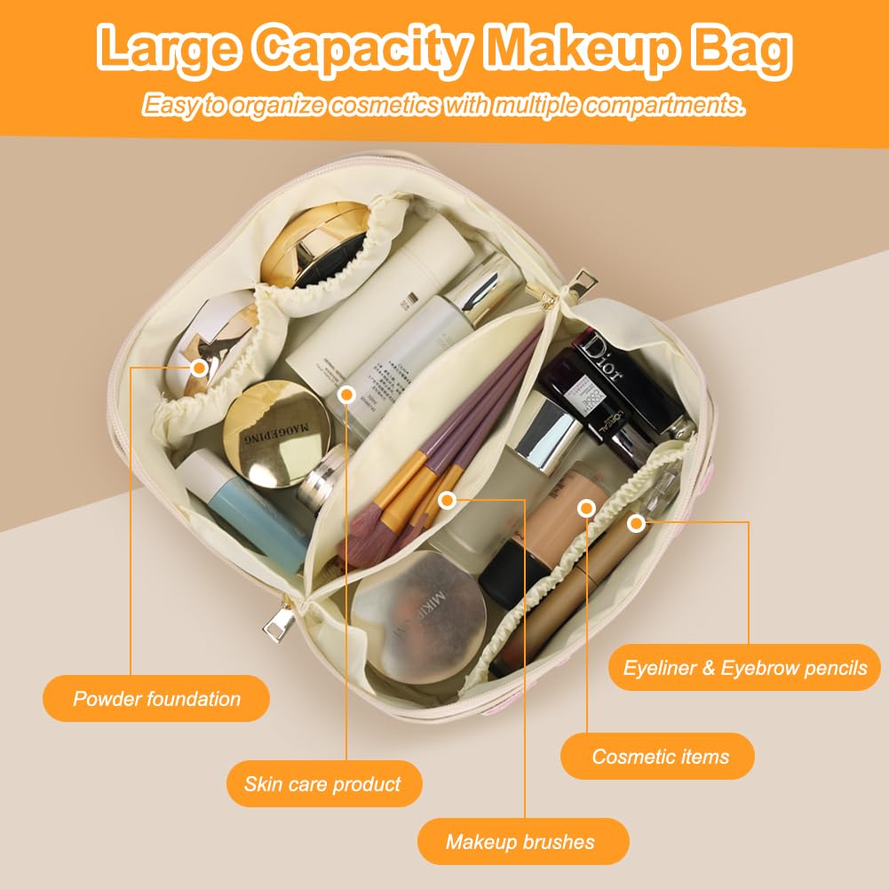 JOINDO Large Capacity Skincare Bag, Chenille Letter Preppy Makeup Bag, PU Leather Large Capacity Travel Cosmetic Bag with Divider and Handle, Gift for Women