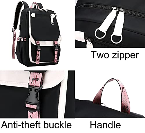 Rcuyyl Backpack Laptop bag School Bag Bookbag with Men Women USB Charging&Headphone Port Casual Daypack Outdoor Daypack (Black Pink,One Size)