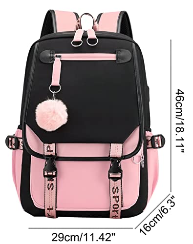 Rcuyyl Backpack Laptop bag School Bag Bookbag with Men Women USB Charging&Headphone Port Casual Daypack Outdoor Daypack (Black Pink,One Size)