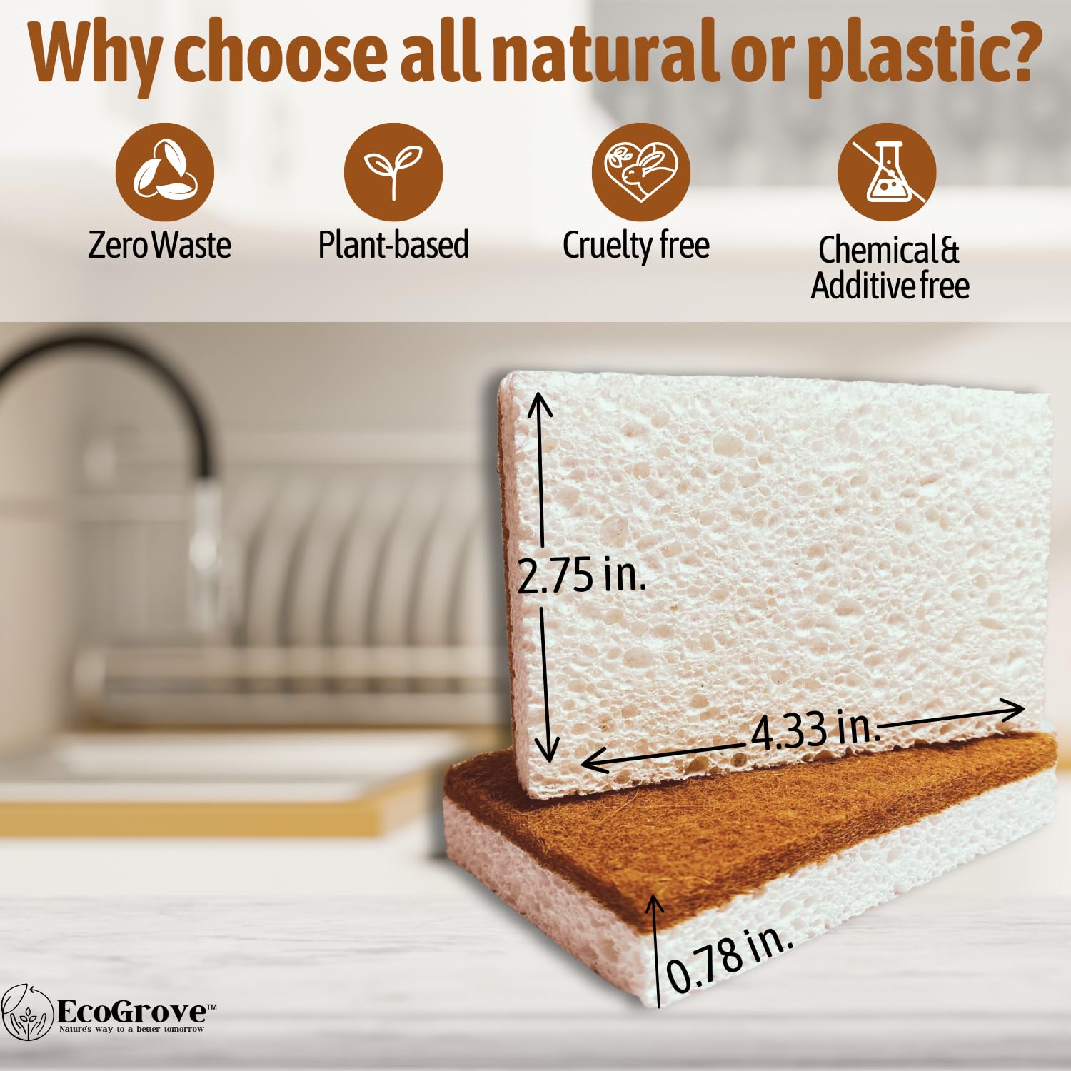 BPA Free Premium 6-Pack Biodegradable Natural Kitchen Dish Sponge Vegan Plant-Based All-Natural Non-Scratch Coconut Fiber & Wood Cellulose sponges Eco-Friendly Organic EcoGrove