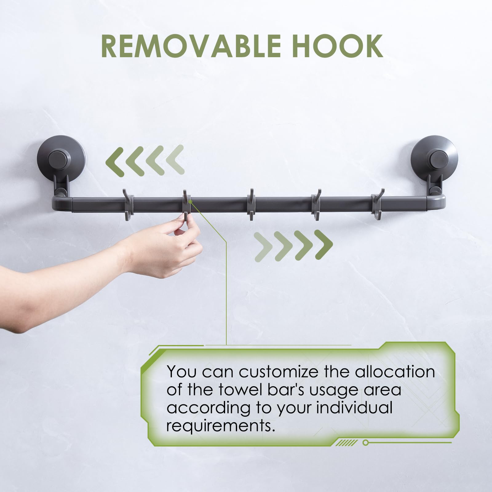LUXEAR Towel Bar, 24 Inch Adhesive Bathroom Towel Bar with Upgrade Suction Cup, Tool Free Adhesive Shower Towel Rack with 5 Sliding Hooks, Wall Mounted Plastic Towel Bar for Shower Kitchen Door