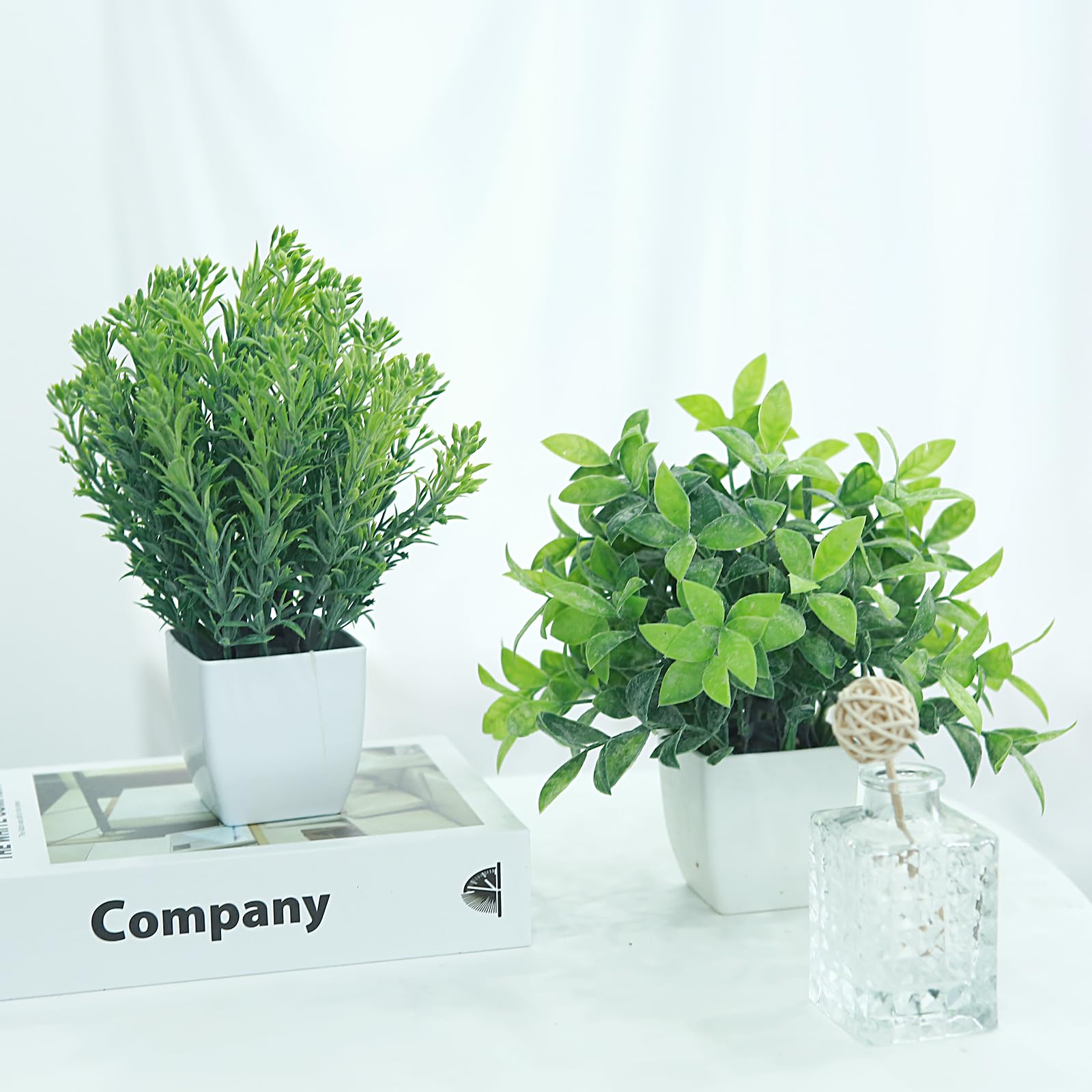 summer flower 2 Pack Fake Plants in White Pot Small Artificial Eucalyptus Potted Plants (Green-01)