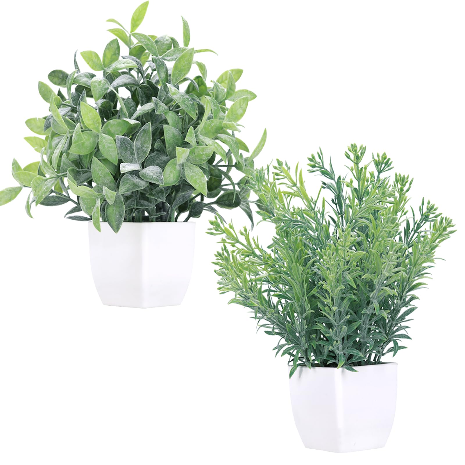 summer flower 2 Pack Fake Plants in White Pot Small Artificial Eucalyptus Potted Plants (Green-01)