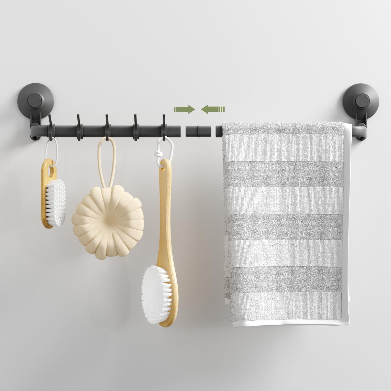 LUXEAR Towel Bar, 24 Inch Adhesive Bathroom Towel Bar with Upgrade Suction Cup, Tool Free Adhesive Shower Towel Rack with 5 Sliding Hooks, Wall Mounted Plastic Towel Bar for Shower Kitchen Door