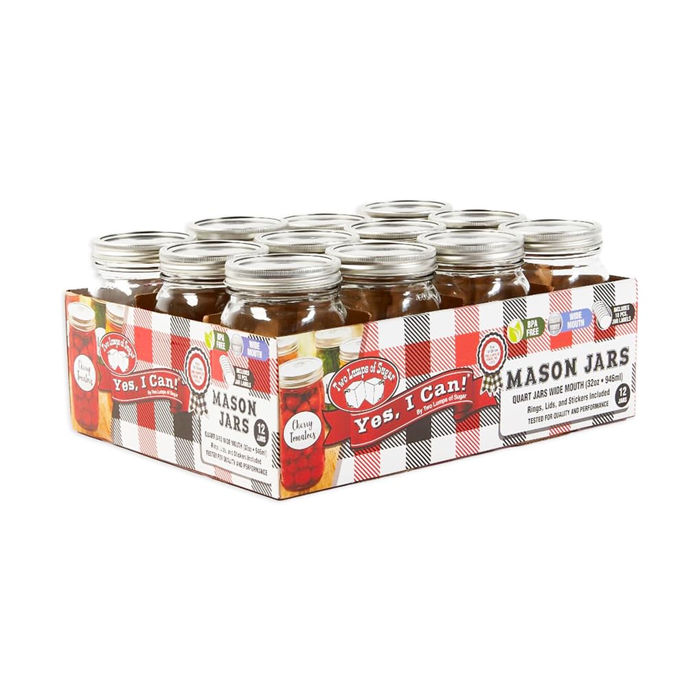 Two Lumps of Sugar 32 oz Wide Jar with Lids and Rings, 12 pcs/case - Mason Jars for Food Storage, Crafting, & Canning, Heavy Duty Glass Jars, Quality Tested for Performance