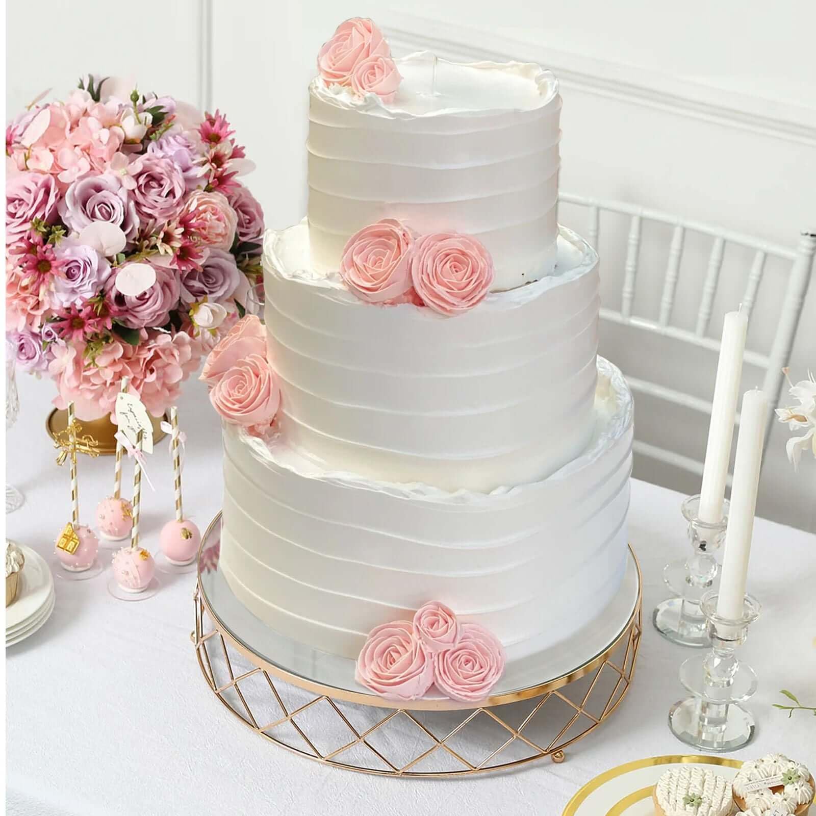 Efavormart 16" Round Metal Geometric Cake Stand Cake Riser with Glass Top Glossy Metallic Finish for Dessert Cupcake Pastry Candy Display Plate Event, Birthday Party