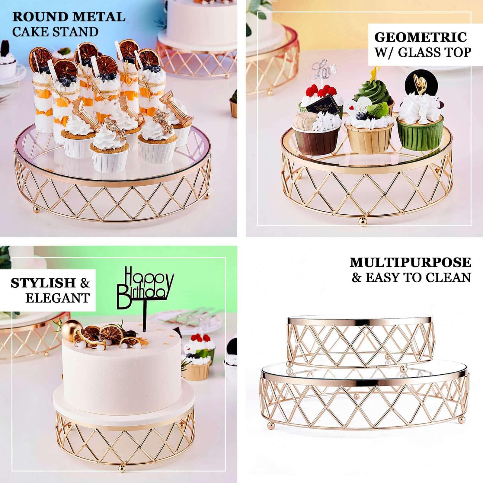 Efavormart 16" Round Metal Geometric Cake Stand Cake Riser with Glass Top Glossy Metallic Finish for Dessert Cupcake Pastry Candy Display Plate Event, Birthday Party