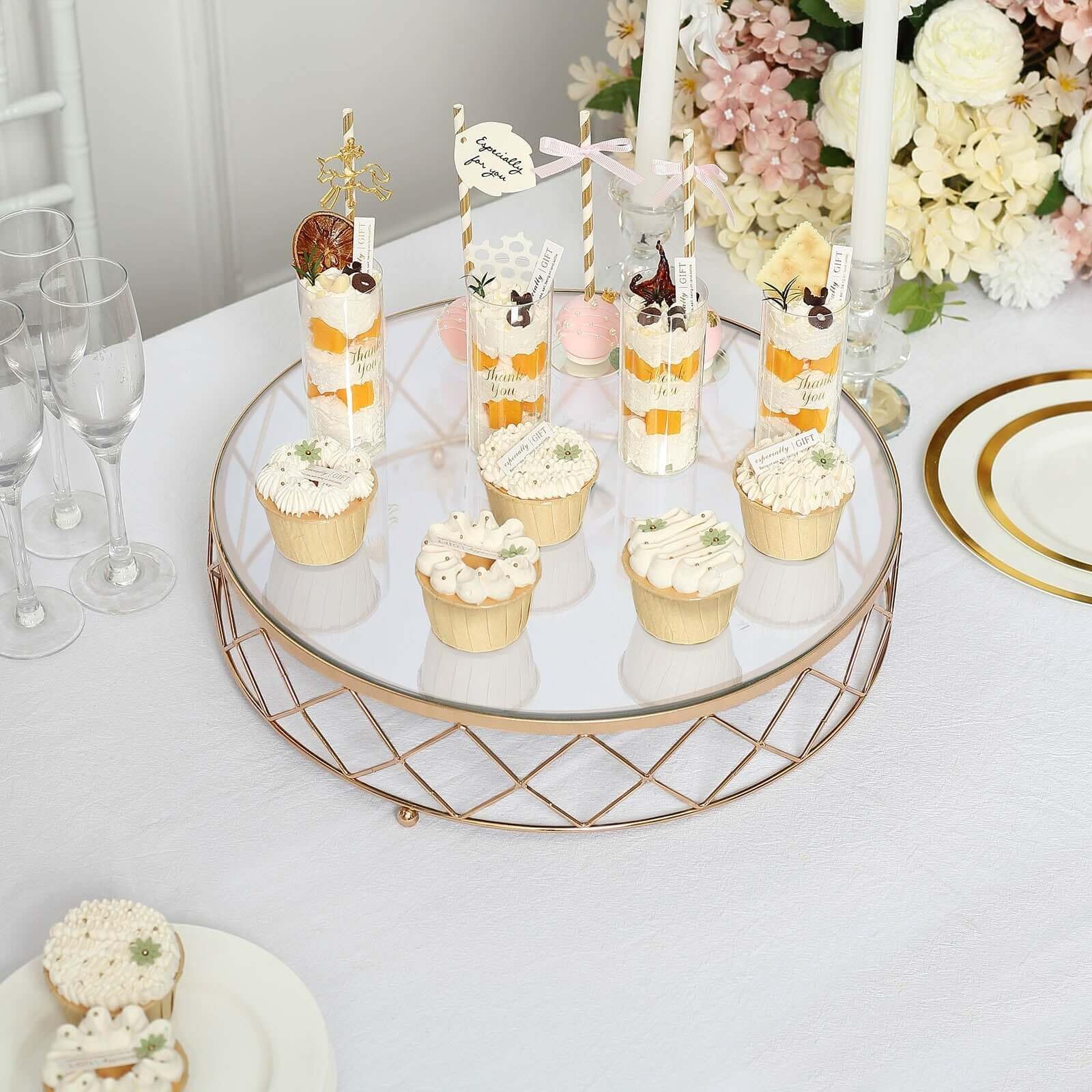 Efavormart 16" Round Metal Geometric Cake Stand Cake Riser with Glass Top Glossy Metallic Finish for Dessert Cupcake Pastry Candy Display Plate Event, Birthday Party