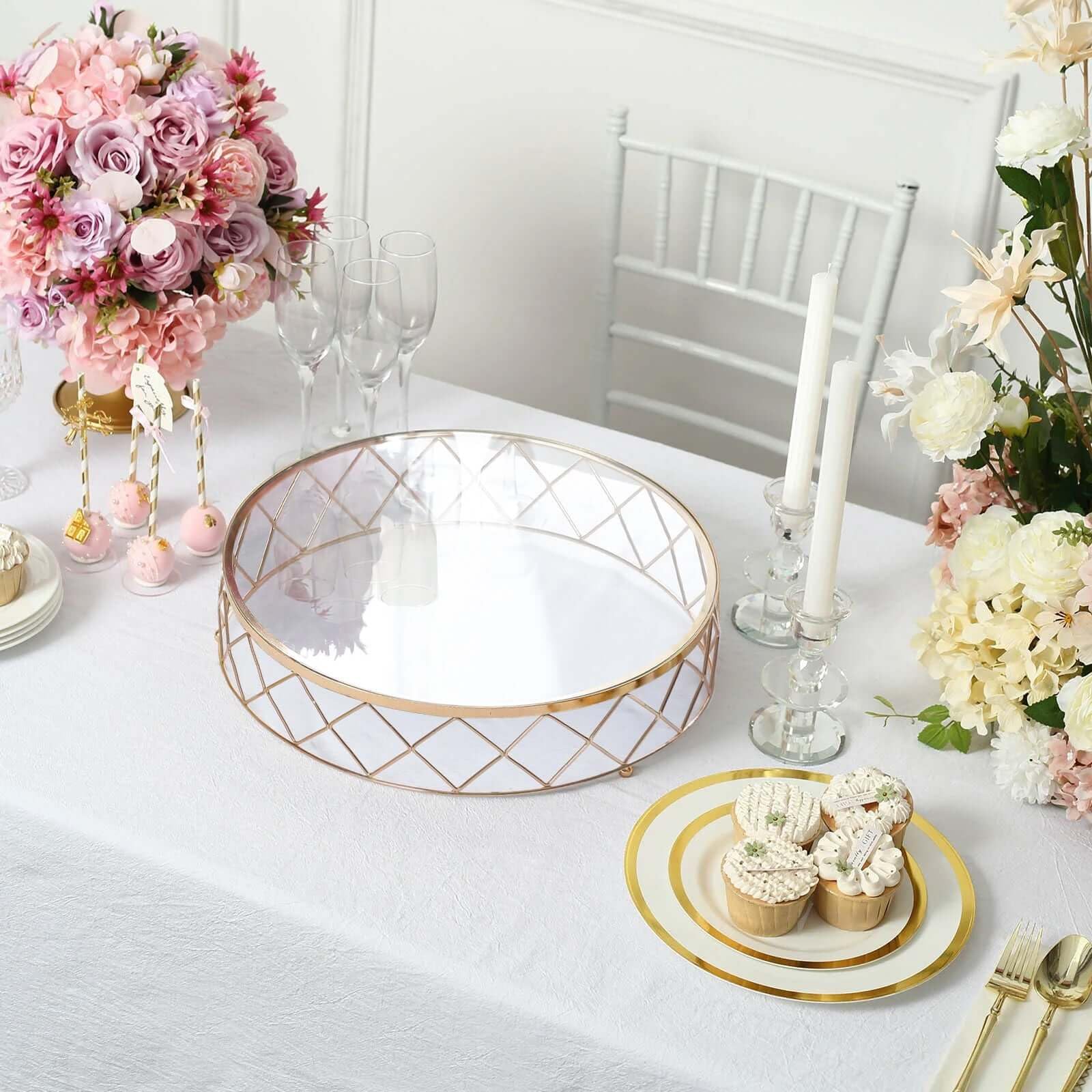 Efavormart 16" Round Metal Geometric Cake Stand Cake Riser with Glass Top Glossy Metallic Finish for Dessert Cupcake Pastry Candy Display Plate Event, Birthday Party