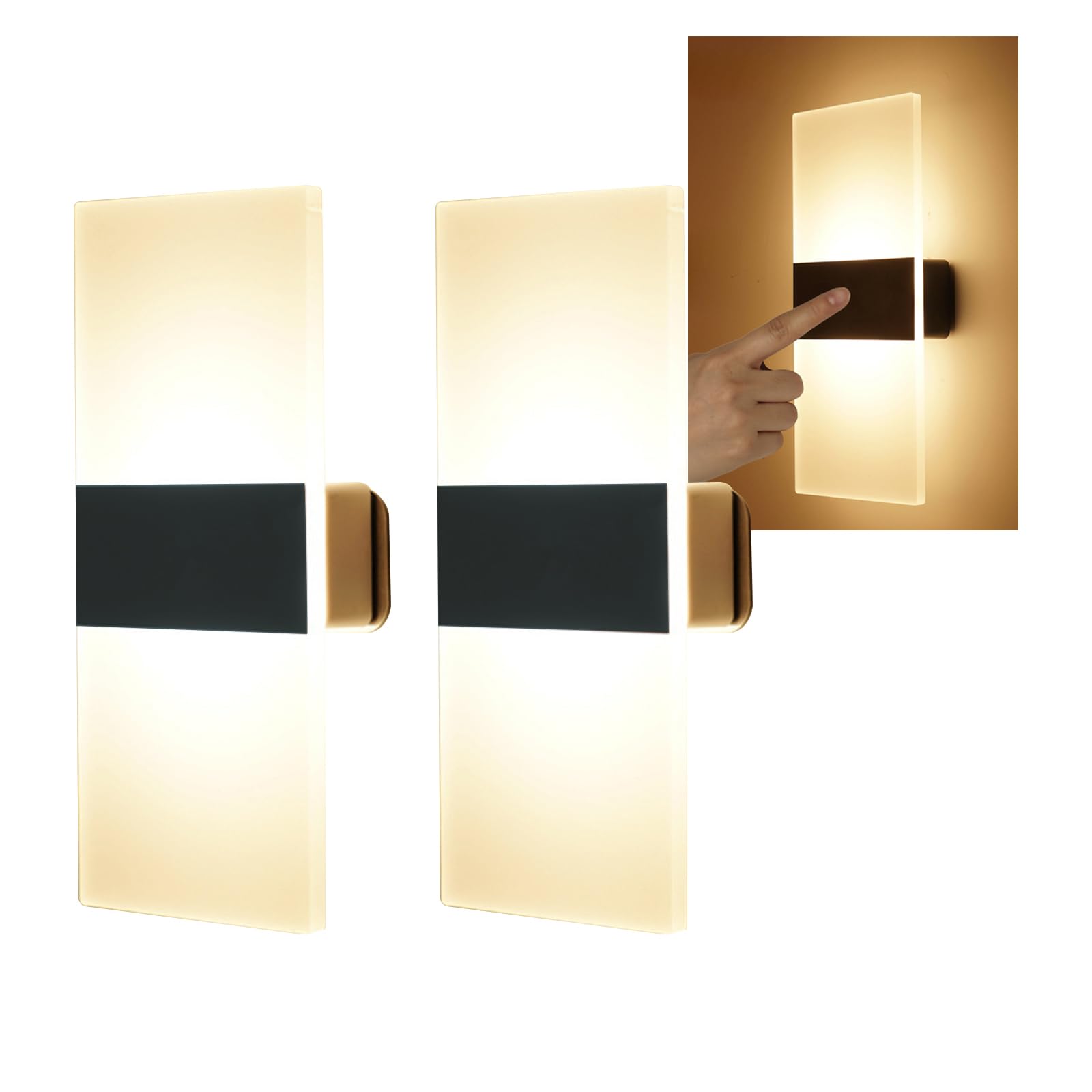 FelRelWel Rechargeable Wall Sconces,2 PCS Modern Acrylic Bedside LED Wall Lamps for Living Room Bedroom Hallway,USB Rechargeable Battery Operated Cordless Night Light,Touch Control,Warm Light Dimmable