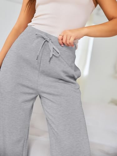 LILLUSORY Women's Wide Leg Sweatpants Casual Trendy Trending 2024 Loose Fit Comfy High Wasited Elastic Waist Jogger Winter Sweat Pants with Pockets Light Grey
