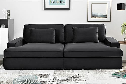 Container Furniture Direct Modern Glam Velvet Sleeper Sofa Bed with Luxurious Design, Elegant Centerpiece for Stylish Living Rooms and Comfortable Lounging with 2 Accent Pillows, Black