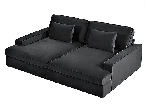 Container Furniture Direct Modern Glam Velvet Sleeper Sofa Bed with Luxurious Design, Elegant Centerpiece for Stylish Living Rooms and Comfortable Lounging with 2 Accent Pillows, Black