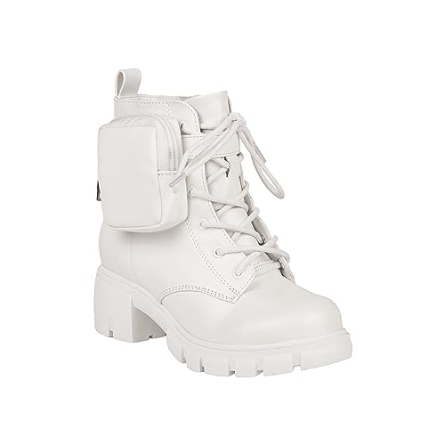 Kassie Daniela ~ Pouch ~ Kids Lug Sole Mid Shaft Chunky Heel Fashion Combat Lace up Bootie W/Side Zipper & Pouch Girl Boots (WHITE, 1)