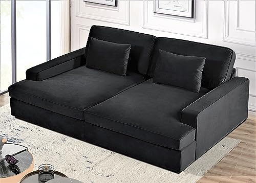 Container Furniture Direct Modern Glam Velvet Sleeper Sofa Bed with Luxurious Design, Elegant Centerpiece for Stylish Living Rooms and Comfortable Lounging with 2 Accent Pillows, Black