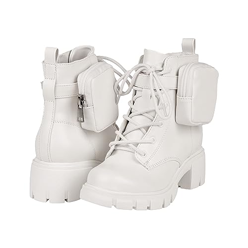 Kassie Daniela ~ Pouch ~ Kids Lug Sole Mid Shaft Chunky Heel Fashion Combat Lace up Bootie W/Side Zipper & Pouch Girl Boots (WHITE, 1)