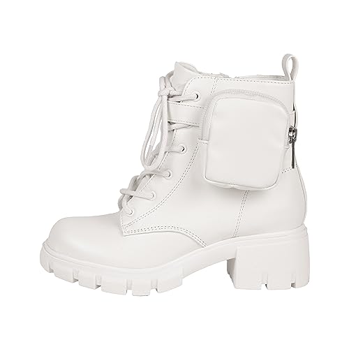 Kassie Daniela ~ Pouch ~ Kids Lug Sole Mid Shaft Chunky Heel Fashion Combat Lace up Bootie W/Side Zipper & Pouch Girl Boots (WHITE, 1)