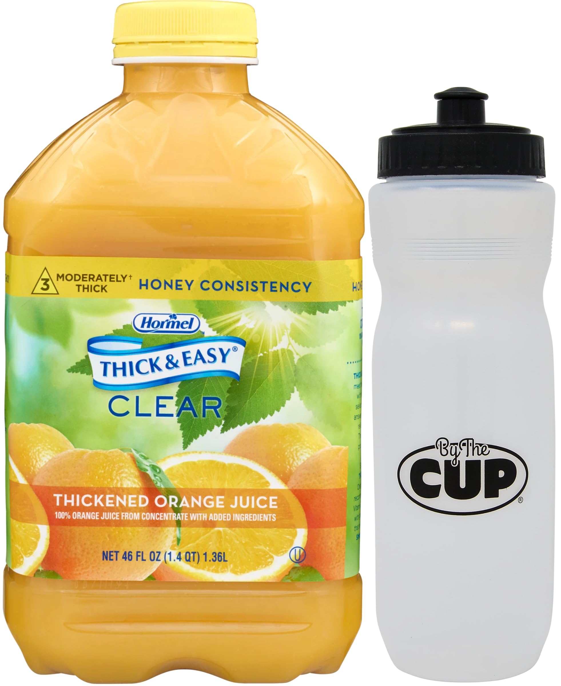Thick & Easy Clear Thickened Orange Juice Flavored Drink, Honey Consistency, 46 oz with By The Cup Water Bottle