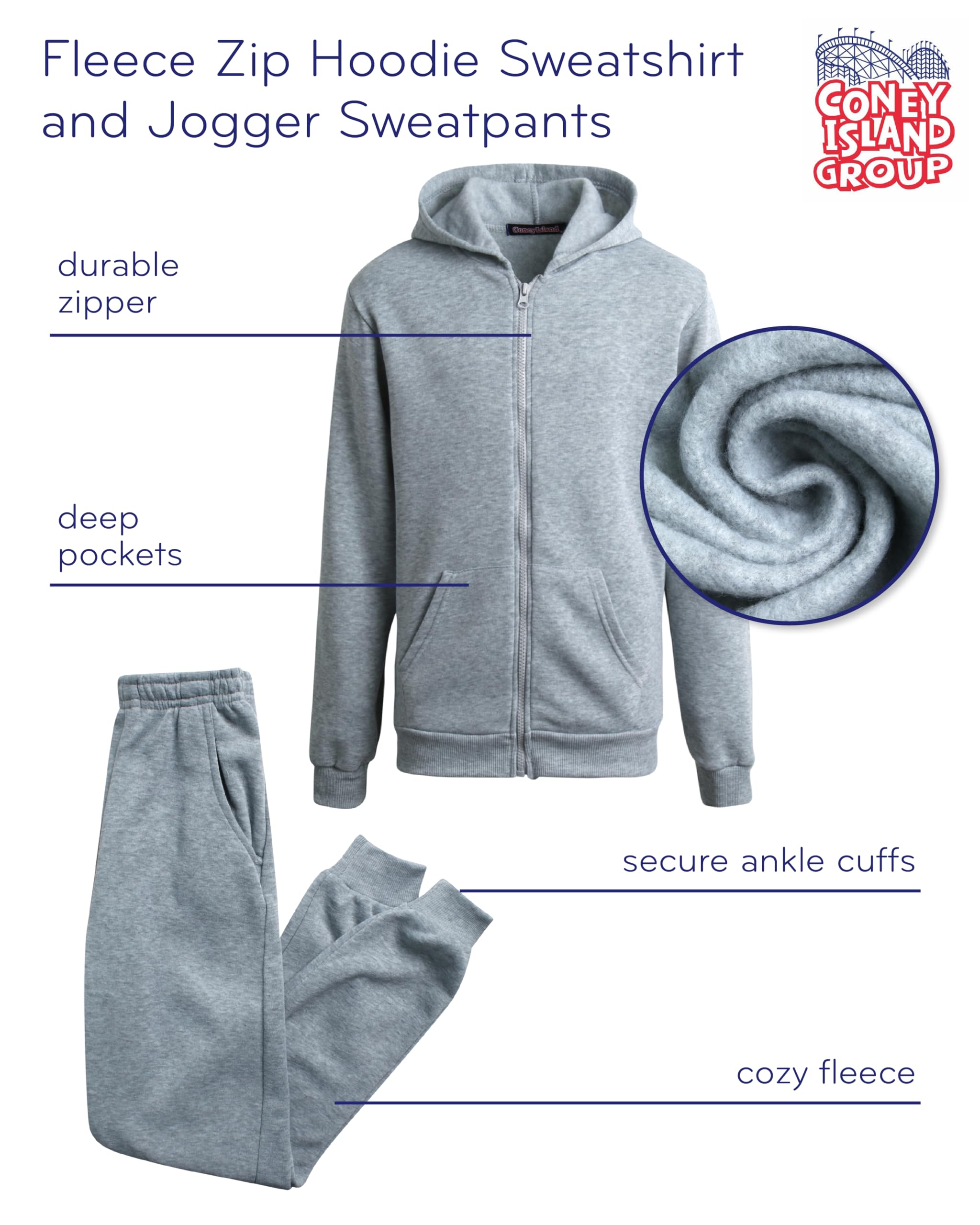 Coney Island Boys Active Tracksuit Set - 2 Piece Fleece Zip Up Hoodie Sweatshirt and Jogger Sweatpants for Boys (Sizes: 5-16), Size 8, Heather Grey