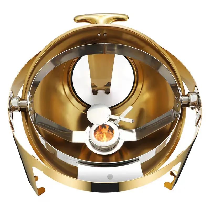 HONHPD 6.5 Quart Gold Round Chafing Dish Buffet Set, Stainless Steel Roll Top Chafer for Catering, Food Warmer with Glass Window for Party Wedding Catering Banquet Graduation Event