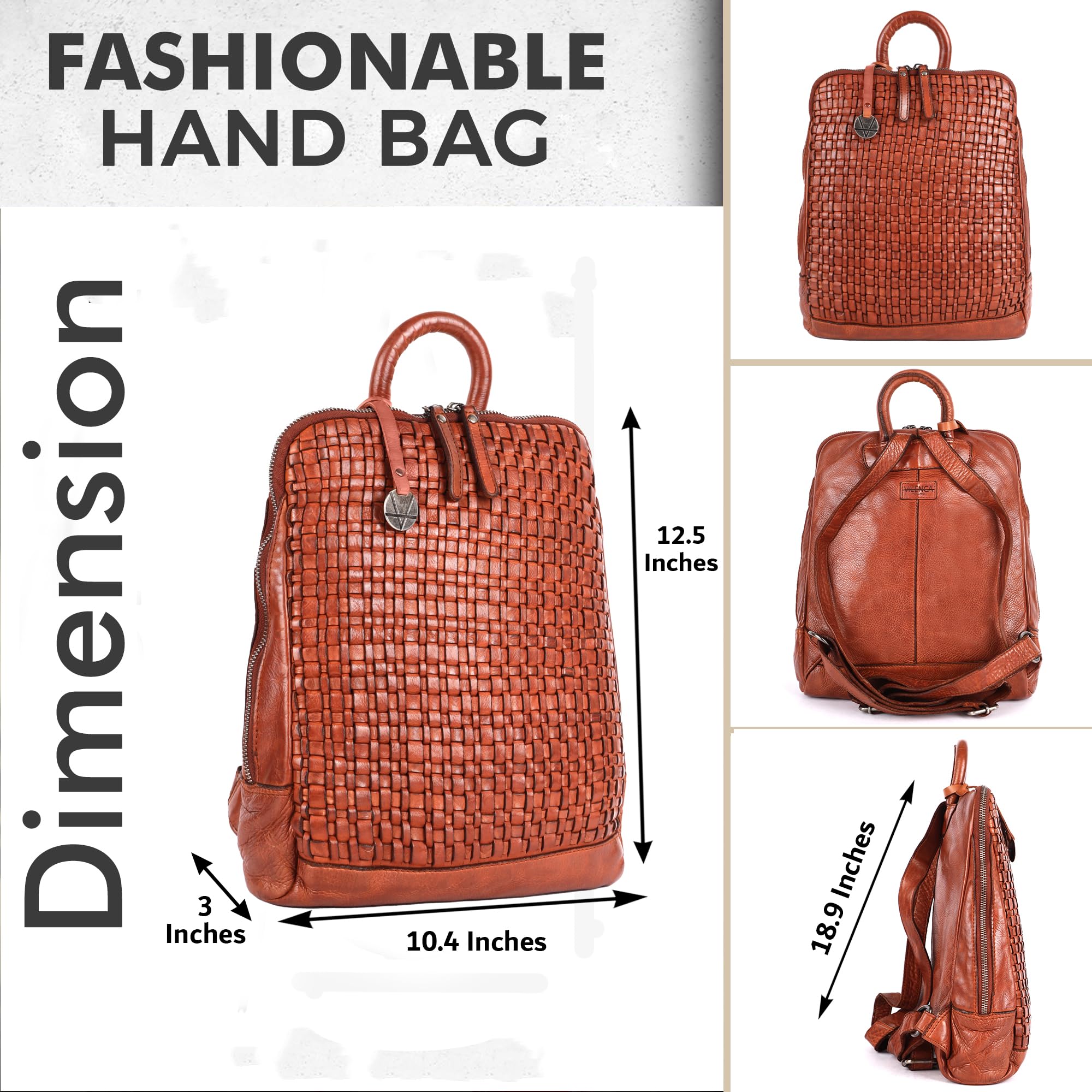 VILENCA HOLLAND 12.5 Inch Genuine Leather Backpack for Women and Men, Cognac Leather Backpack with Adjustable Shoulder Strap