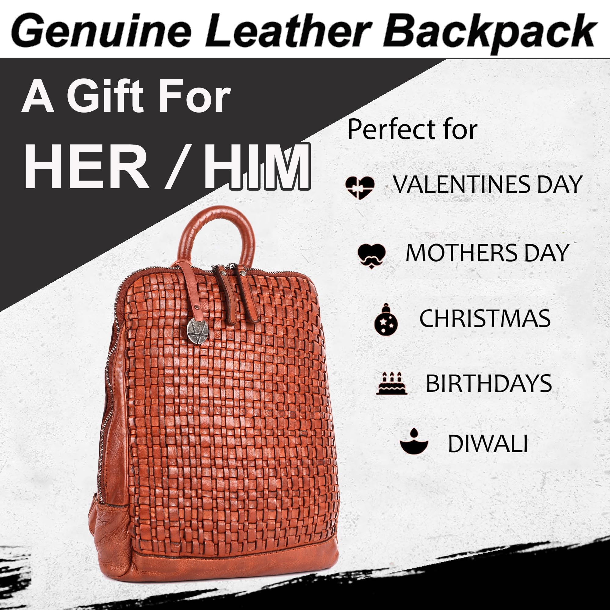 VILENCA HOLLAND 12.5 Inch Genuine Leather Backpack for Women and Men, Cognac Leather Backpack with Adjustable Shoulder Strap