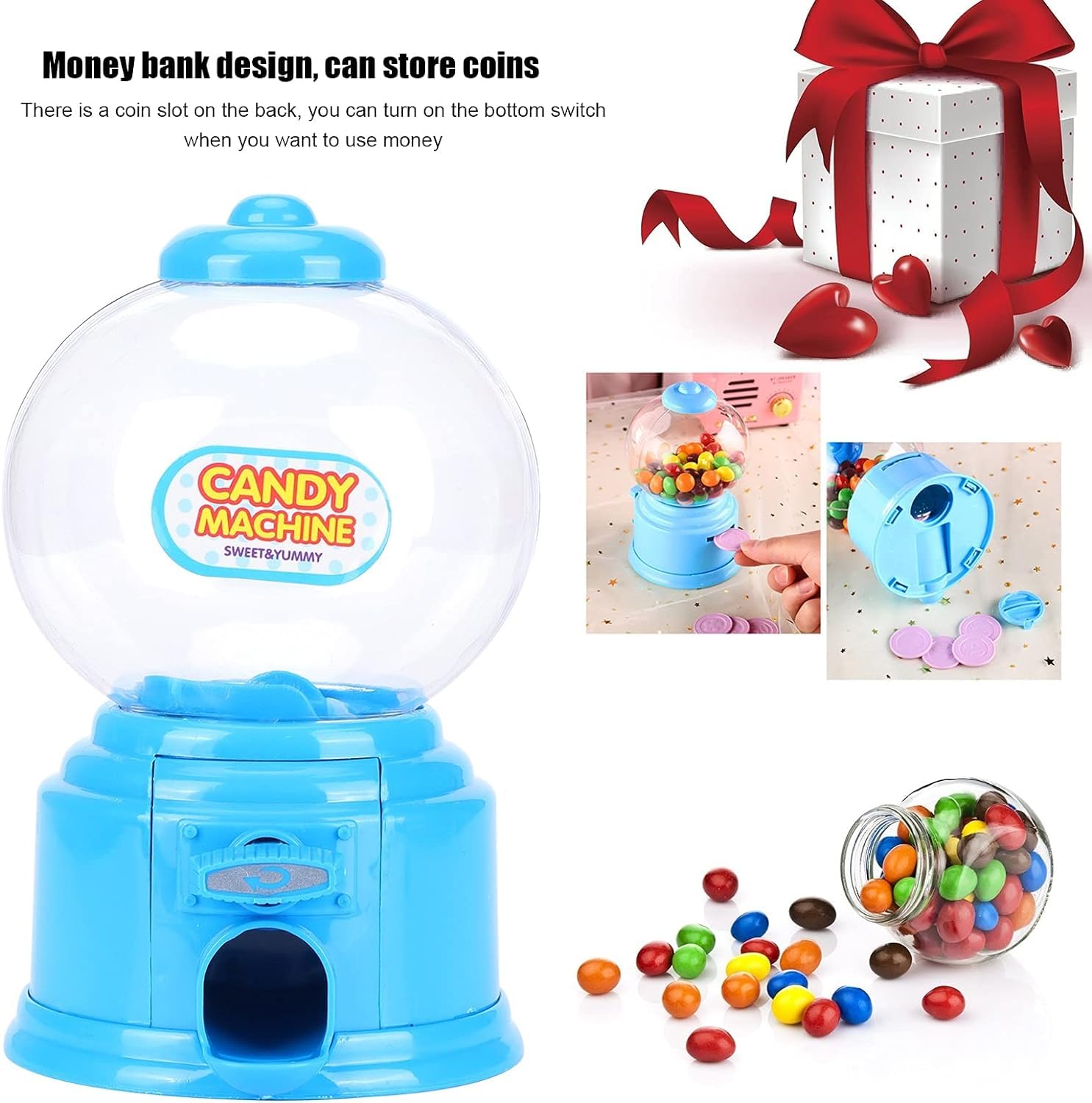 AYNEFY Portable Kid Candy Machine,Plastic Mini Gumballs Dispenser Machine Mini Twisted Sugar Machine Piggy Ban Kids Kindergarten Christmas Day Present(Blue)