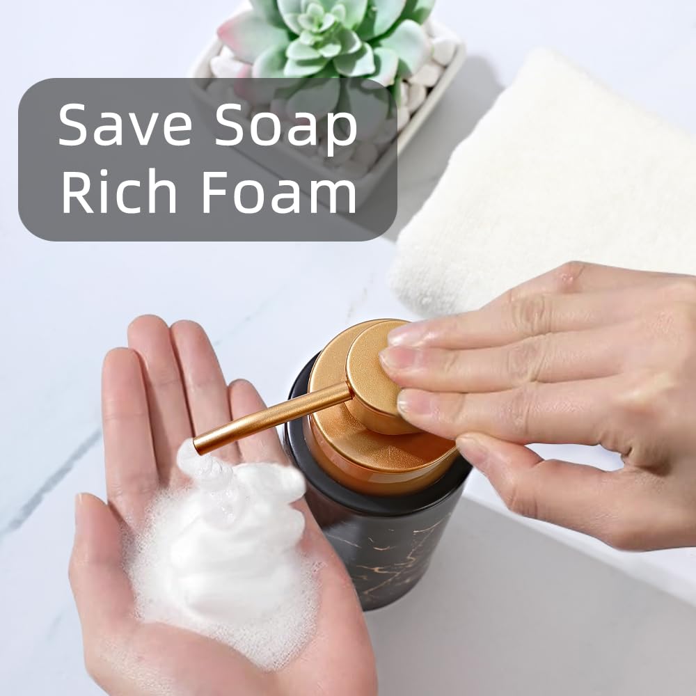 Ceramic Foaming Hand Soap Dispenser for Bathroom, Elegant Matte Bottle with Golden Pump (Black)