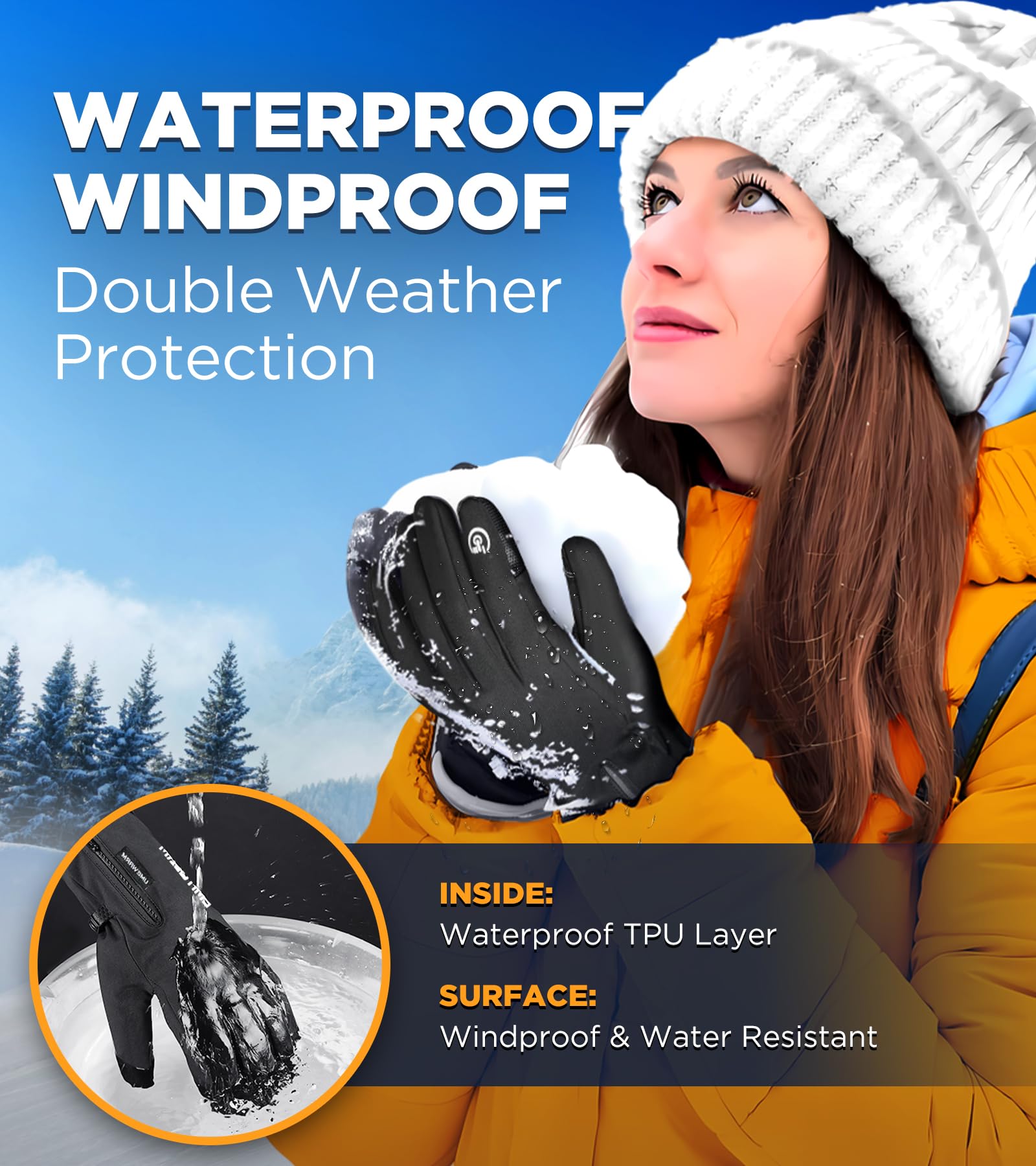 UMEWARM -10℉ Winter Gloves for Cold Weather Made with 3M Insulation, 5-Layer Fabric Snow Ski Gloves Women Men, Windproof & Waterproof Gloves for Men, 10 Touchscreen Fingers Thermal Gloves