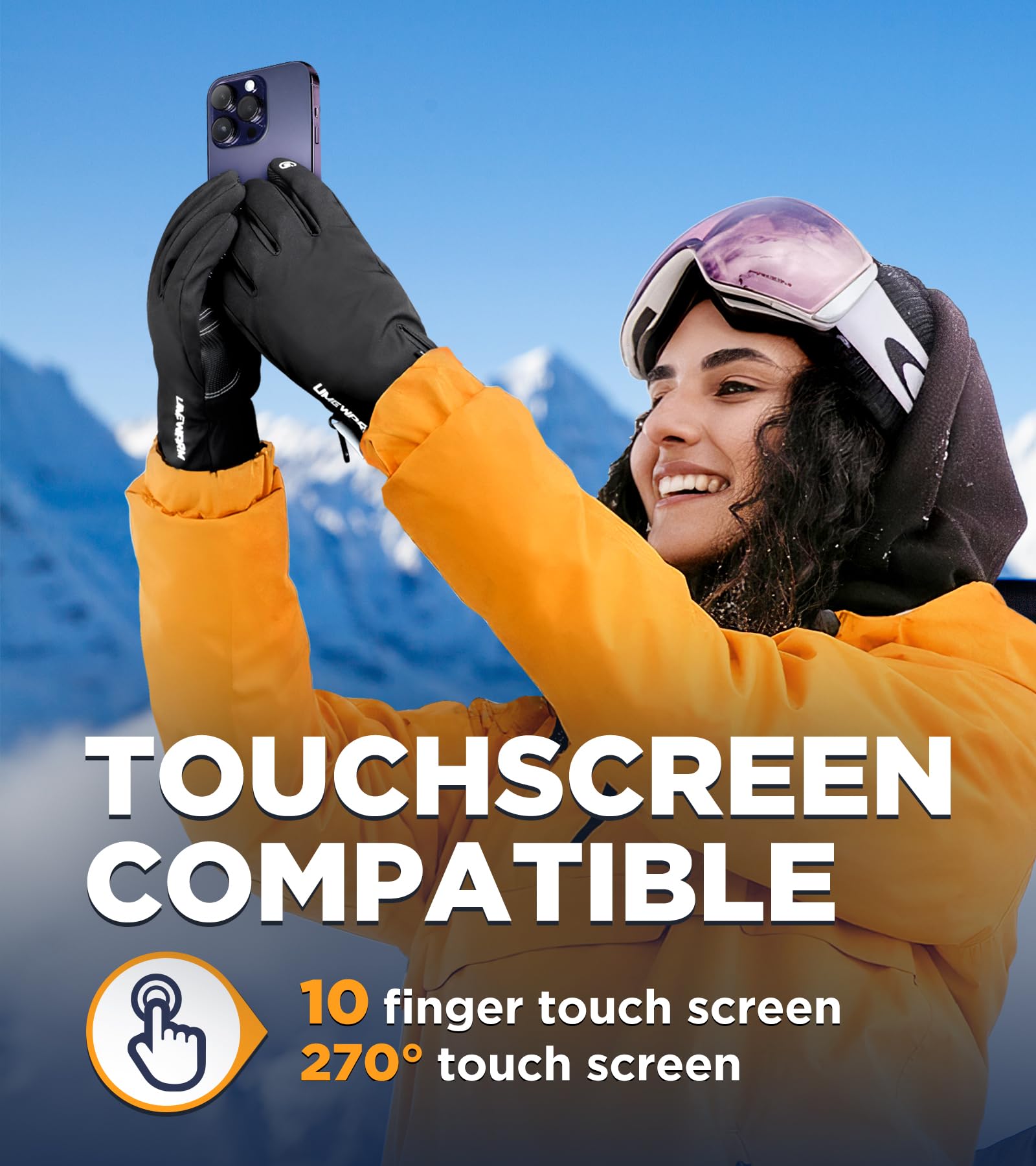 UMEWARM -10℉ Winter Gloves for Cold Weather Made with 3M Insulation, 5-Layer Fabric Snow Ski Gloves Women Men, Windproof & Waterproof Gloves for Men, 10 Touchscreen Fingers Thermal Gloves