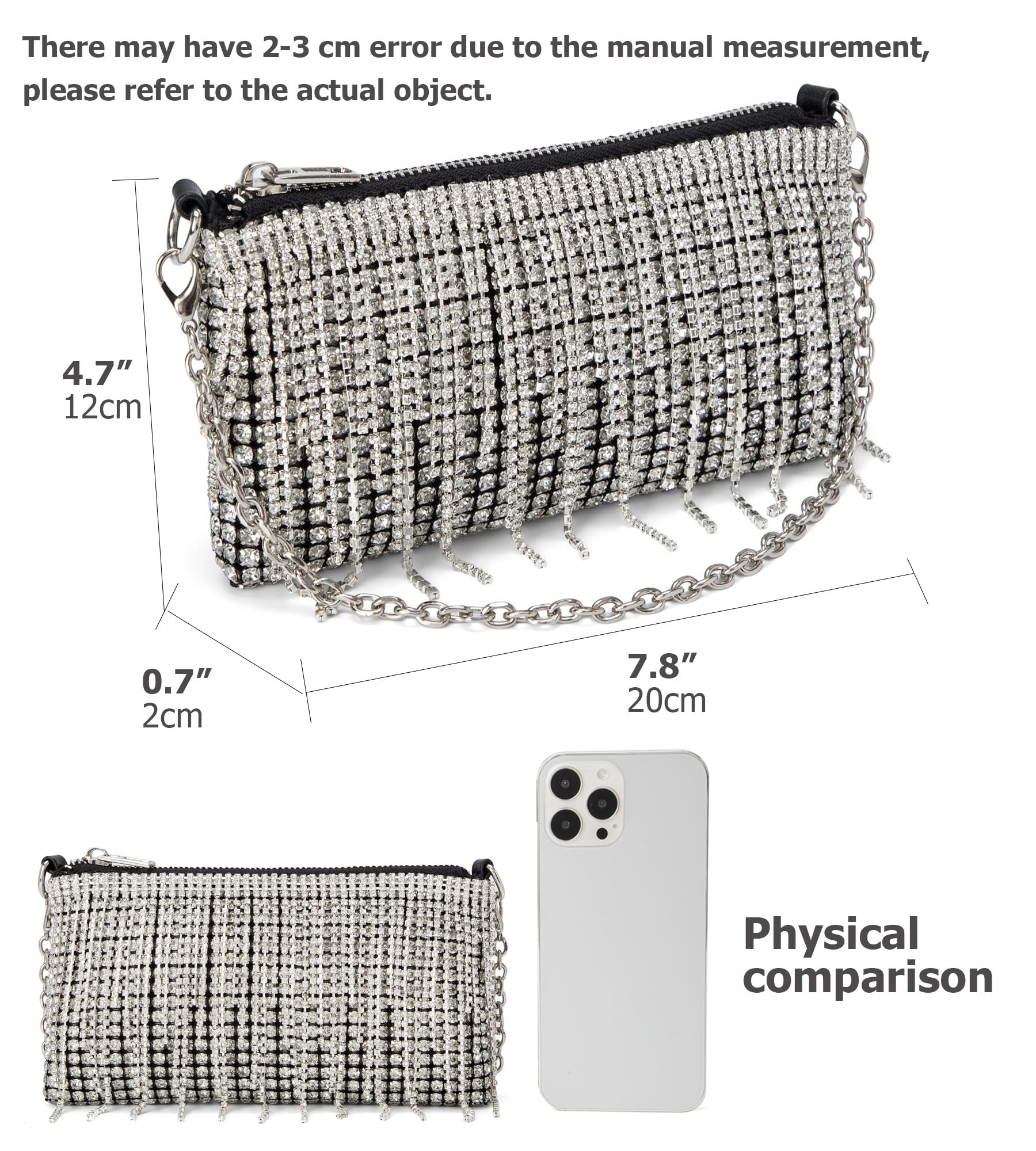 TUGONK Women's Glitter Crossbody Bags Rhinestone Clutch Purse with Tassel for Women Silver Crystal Bag