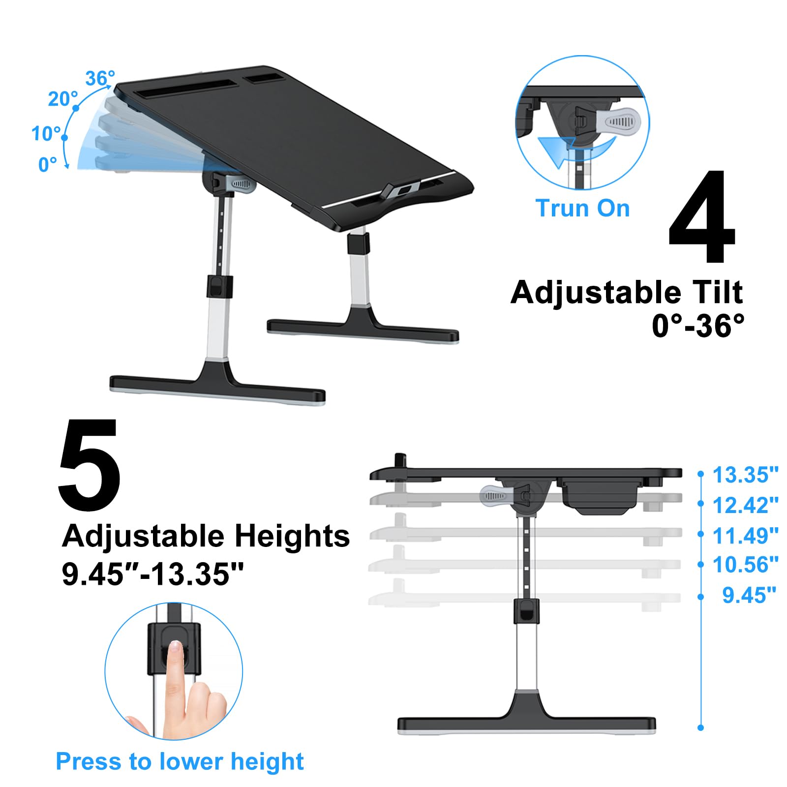 EVETTO Laptop Bed Desk, X-Large Leather Adjustable Computer Bed Table Tray, Foldable Laptop Lap Desk for Bed Sofa Couch Floor Writing Eating Working with Drawer 2 Movable Stoppers (23.6 inch, Black)