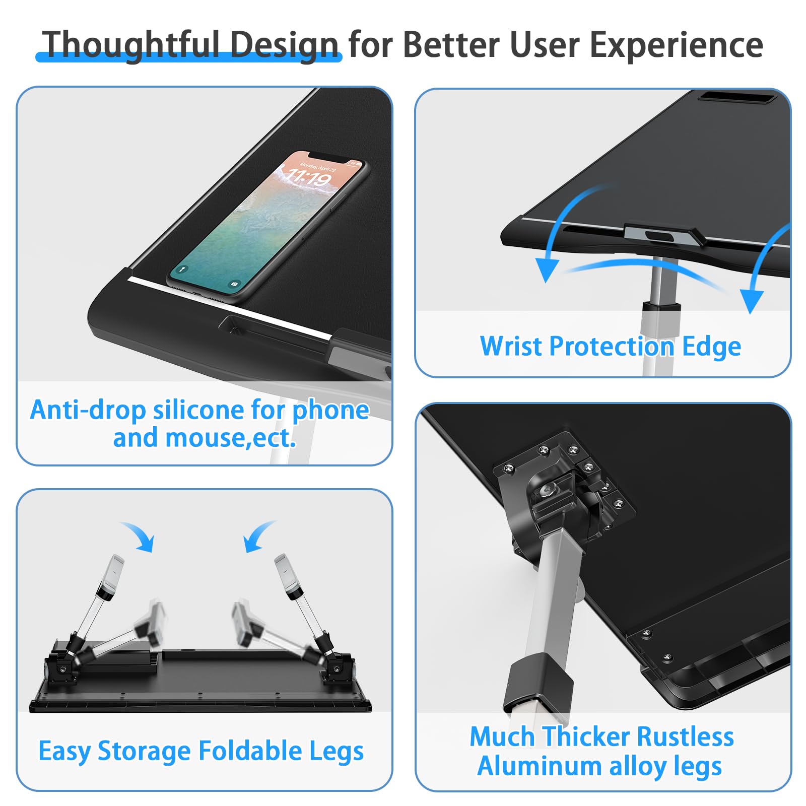 EVETTO Laptop Bed Desk, X-Large Leather Adjustable Computer Bed Table Tray, Foldable Laptop Lap Desk for Bed Sofa Couch Floor Writing Eating Working with Drawer 2 Movable Stoppers (23.6 inch, Black)