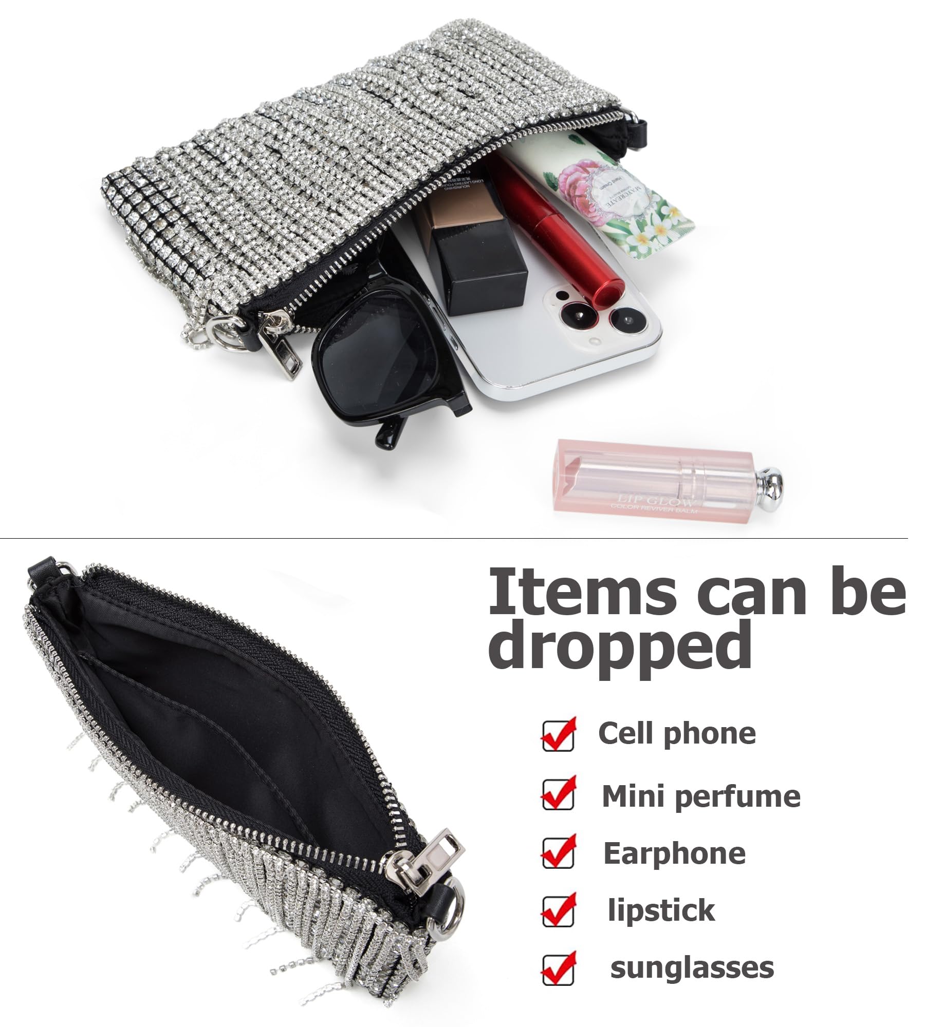 TUGONK Women's Glitter Crossbody Bags Rhinestone Clutch Purse with Tassel for Women Silver Crystal Bag