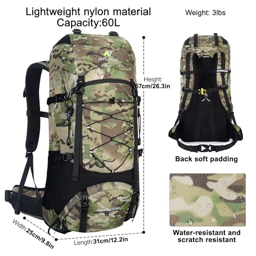 N Nevo Rhino Waterproof Hiking Backpack 50L/60L, Camping Backpack with Rain Cover, High Performance Hiking Travel Mountaineering Pack
