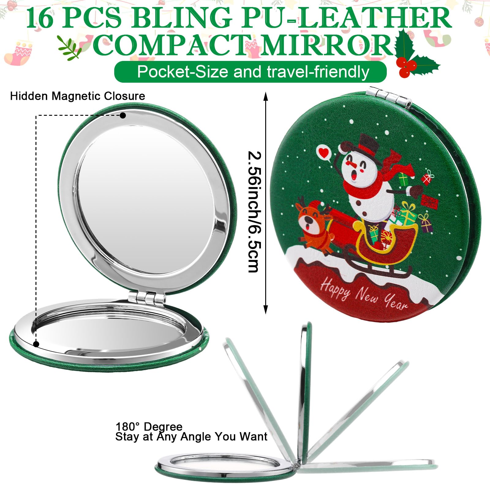 16 Pieces Christmas Compact Mirror Small Magnifying Travel Mirror Bulk Mini Round Pocket Purse Makeup Mirrors Set Folding Portable Handheld 1x/ 2x Magnification for Mom Daughter Christmas Gift