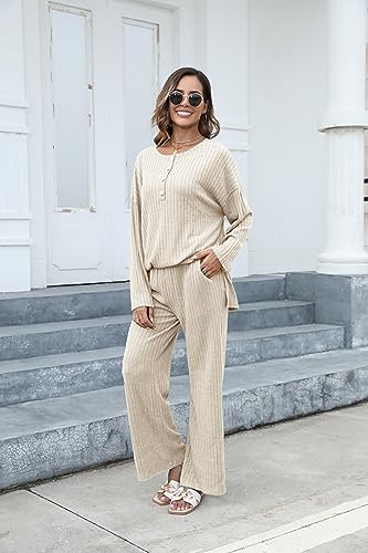 FREEYE Two Piece Outfits for Women, 2023 Fall Lounge Sweatsuits Knit Sweater Sets Pullover Loungewear Matching Pants Comfy Maternity Pajamas Apricot M