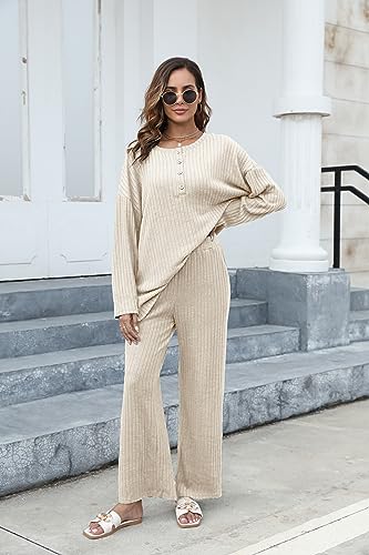 FREEYE Two Piece Outfits for Women, 2023 Fall Lounge Sweatsuits Knit Sweater Sets Pullover Loungewear Matching Pants Comfy Maternity Pajamas Apricot M