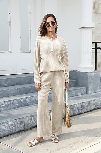FREEYE Two Piece Outfits for Women, 2023 Fall Lounge Sweatsuits Knit Sweater Sets Pullover Loungewear Matching Pants Comfy Maternity Pajamas Apricot M