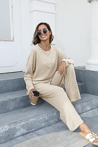 FREEYE Two Piece Outfits for Women, 2023 Fall Lounge Sweatsuits Knit Sweater Sets Pullover Loungewear Matching Pants Comfy Maternity Pajamas Apricot M