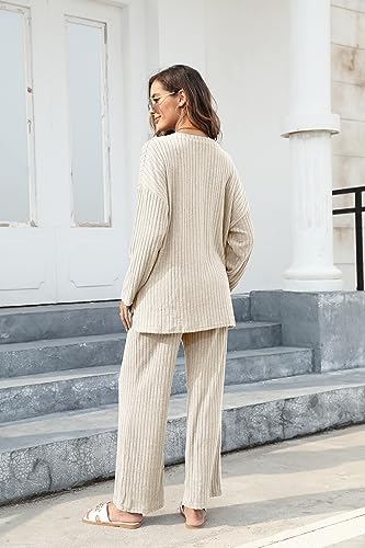 FREEYE Two Piece Outfits for Women, 2023 Fall Lounge Sweatsuits Knit Sweater Sets Pullover Loungewear Matching Pants Comfy Maternity Pajamas Apricot M