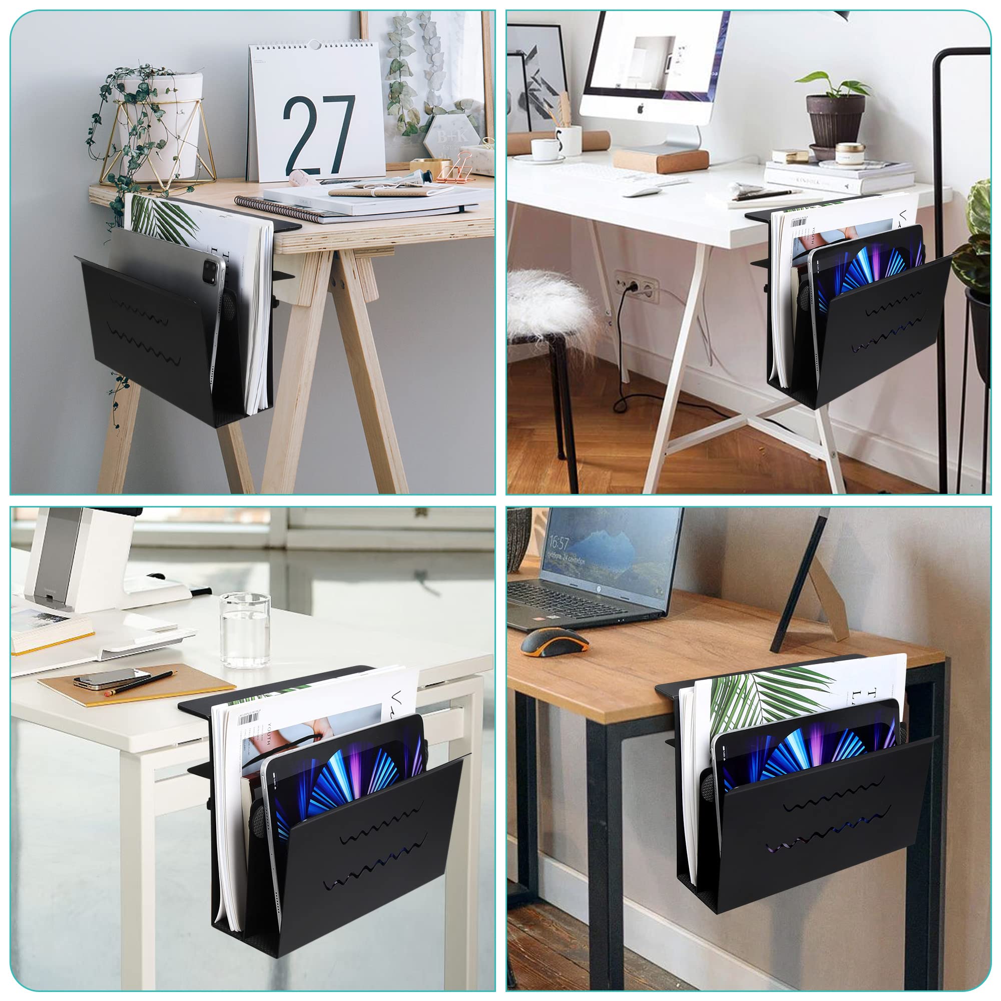 Everkeen Desk Side Storage, 2 Tier Hanging Desk Organizer, No Drill Under Desk Storage,Laptop Holder, Document Shelf, for Office or Home, Black
