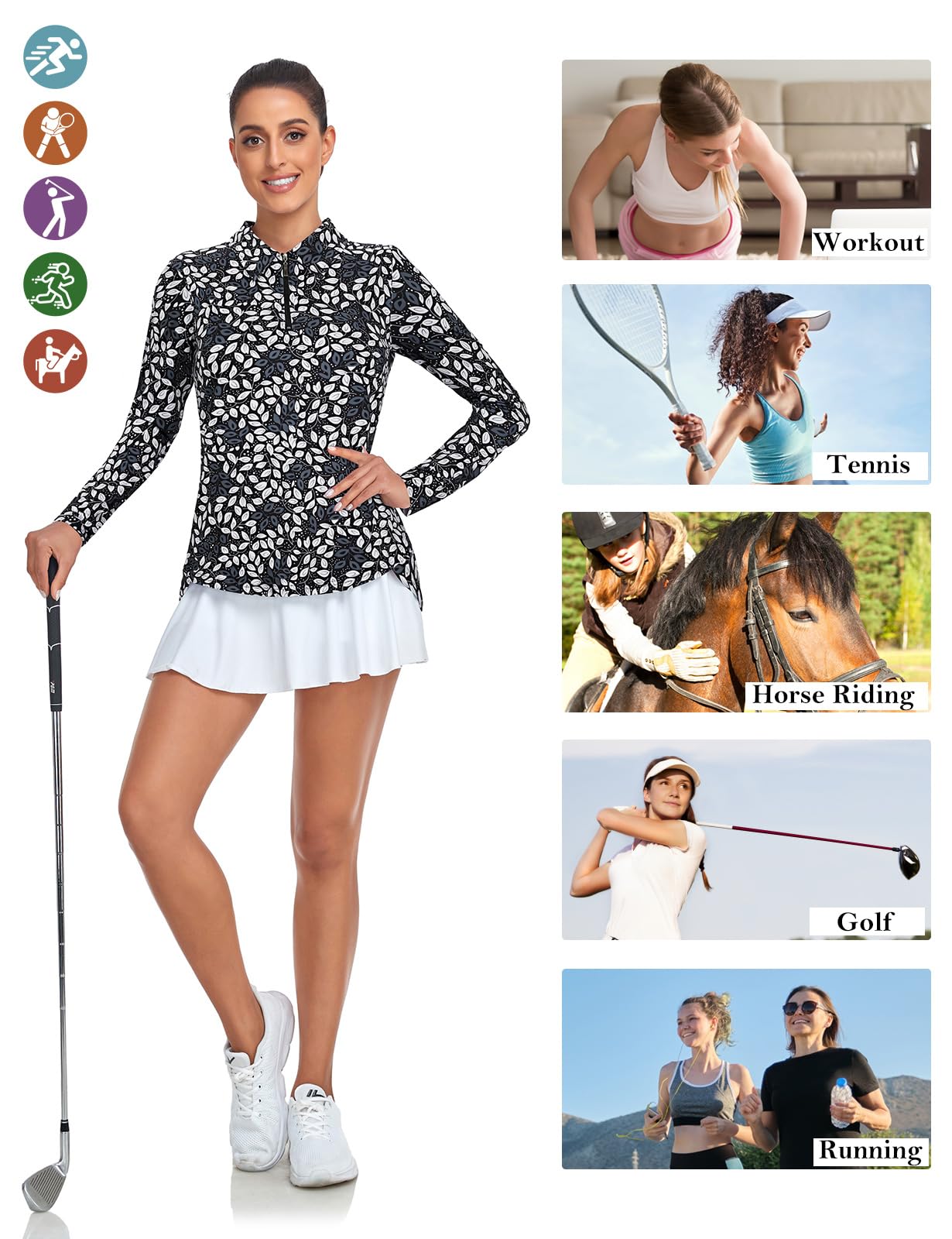 Tanst Sky Long Sleeve Collared Golf Shirts for Women Quick Dry Quarter Zip V Neck Pullover Lightweight Athletic Workout Tops UPF 50+ Gym Hiking Running Clothes Black Large