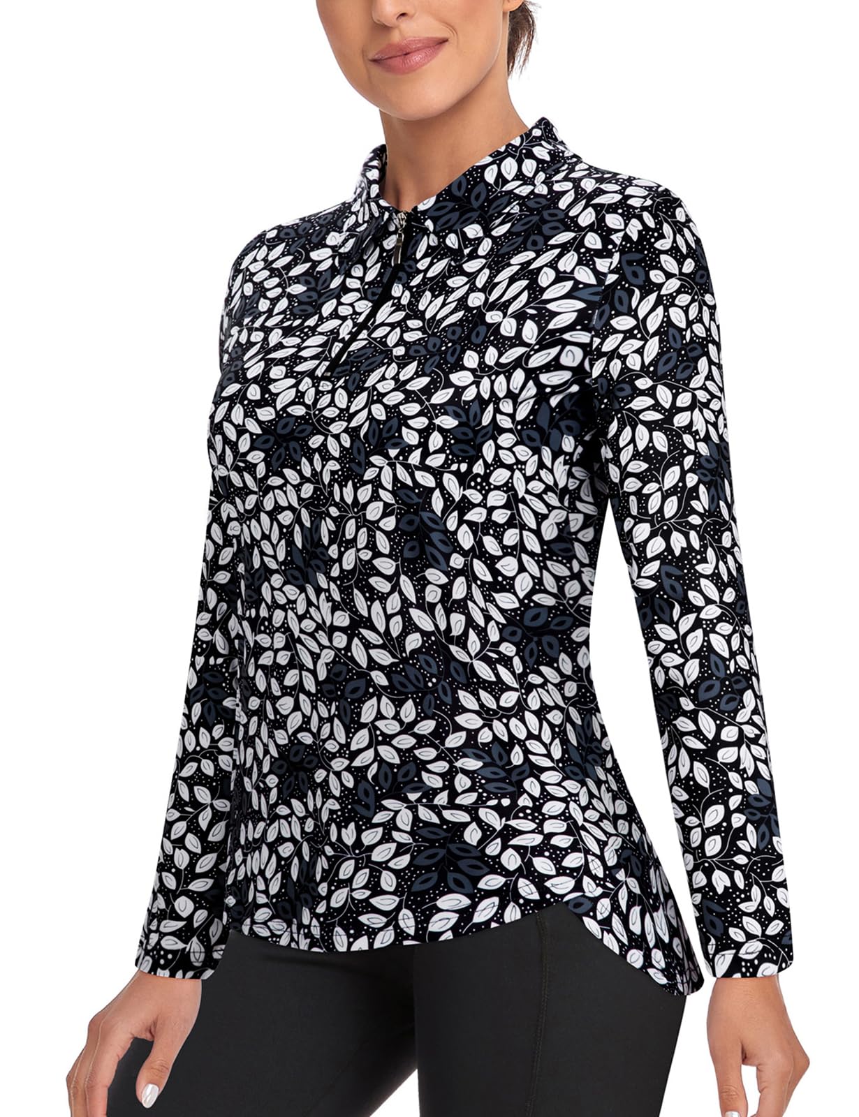 Tanst Sky Long Sleeve Collared Golf Shirts for Women Quick Dry Quarter Zip V Neck Pullover Lightweight Athletic Workout Tops UPF 50+ Gym Hiking Running Clothes Black Large