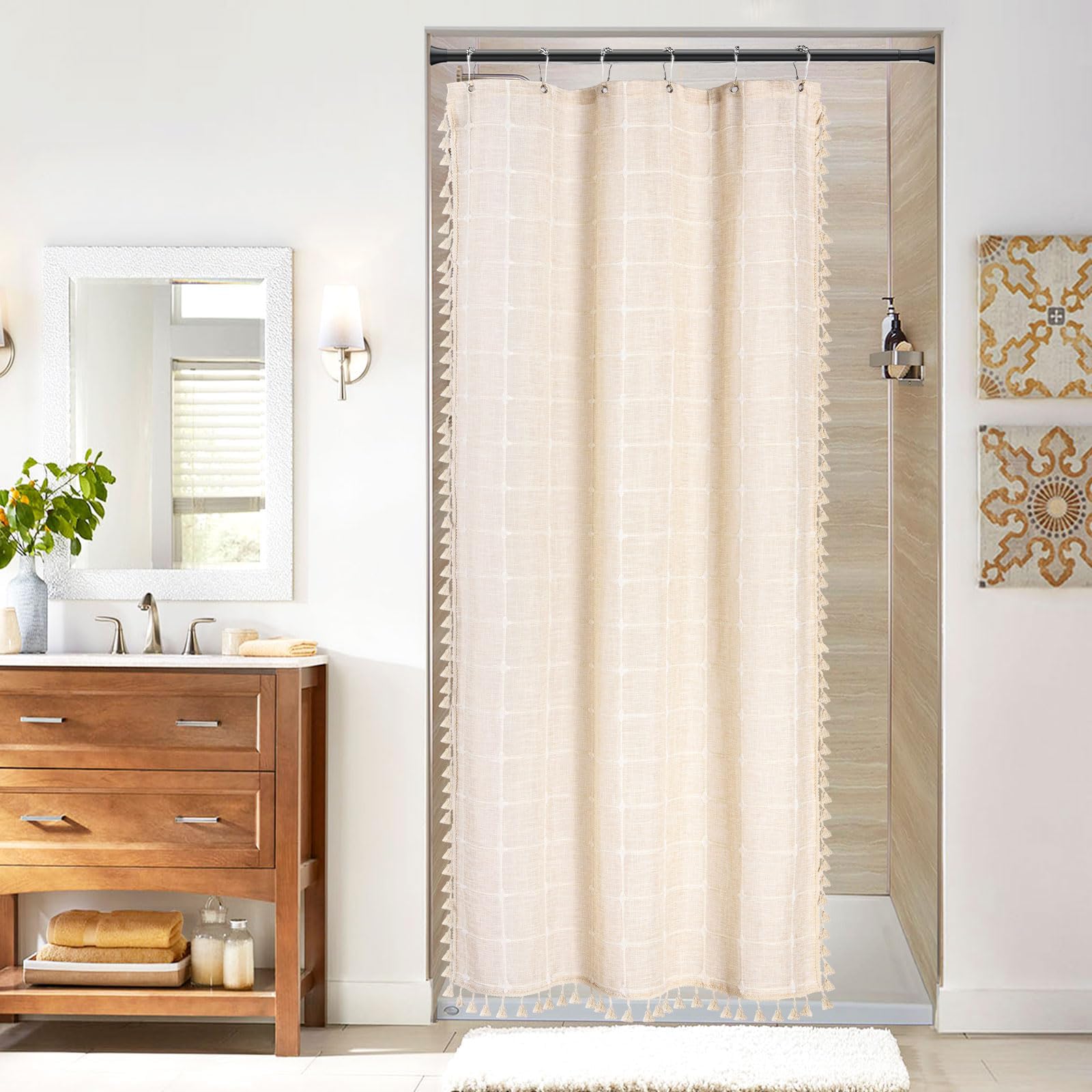 eboatop Tension Curtain Rod - Black Shower Curtain Rod - Adjustable 47 to 56 inch Spring Tension Shower Rod No Drilling Non Slip, Matte Black