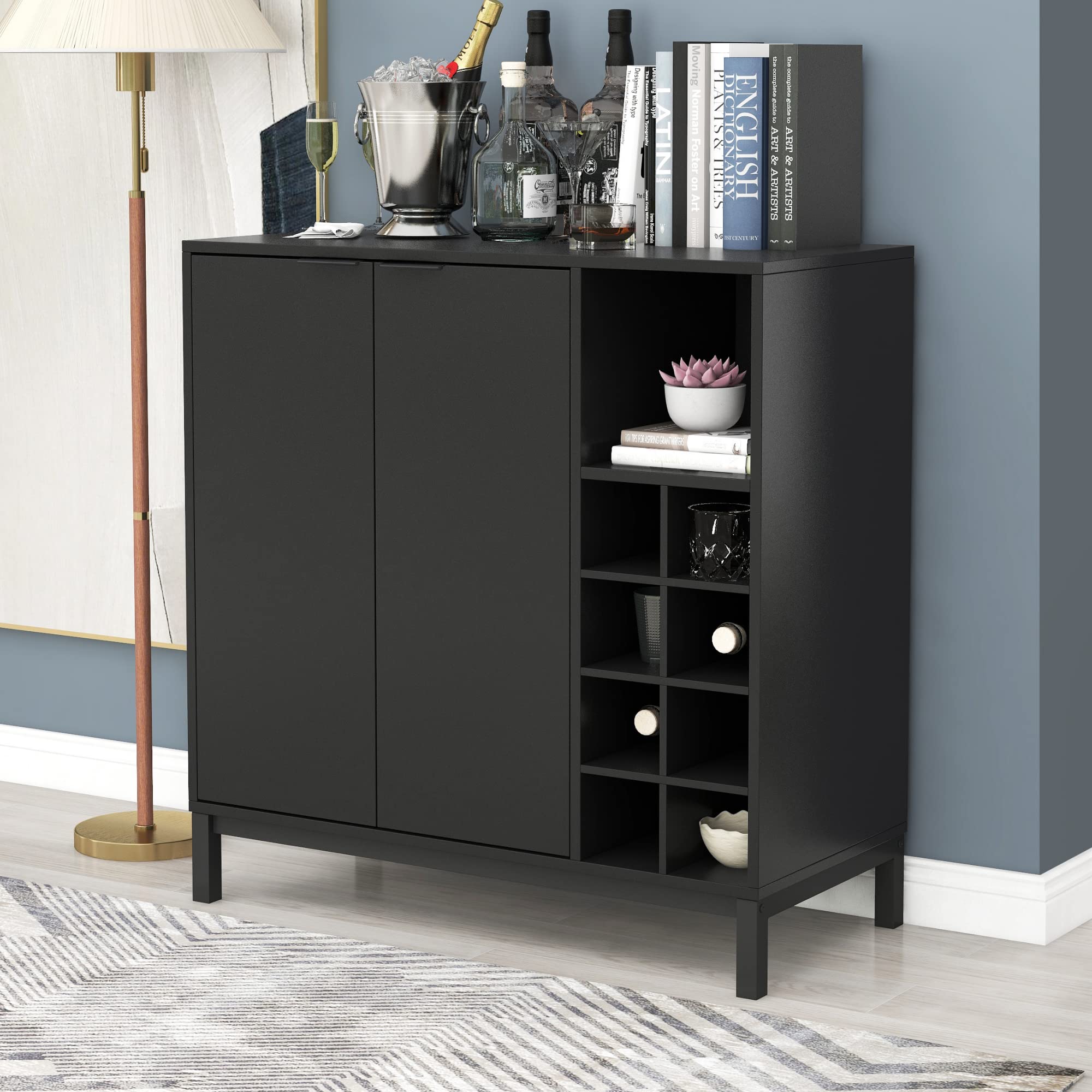 Plebs Home Contemporary Style Sideboards and Buffets, Coffee Bar, Cabinet, Wine, Racks Storage, Server, Dining Console, 34 Inch, Easy Assemble, for Kitchen, Living Room-Black