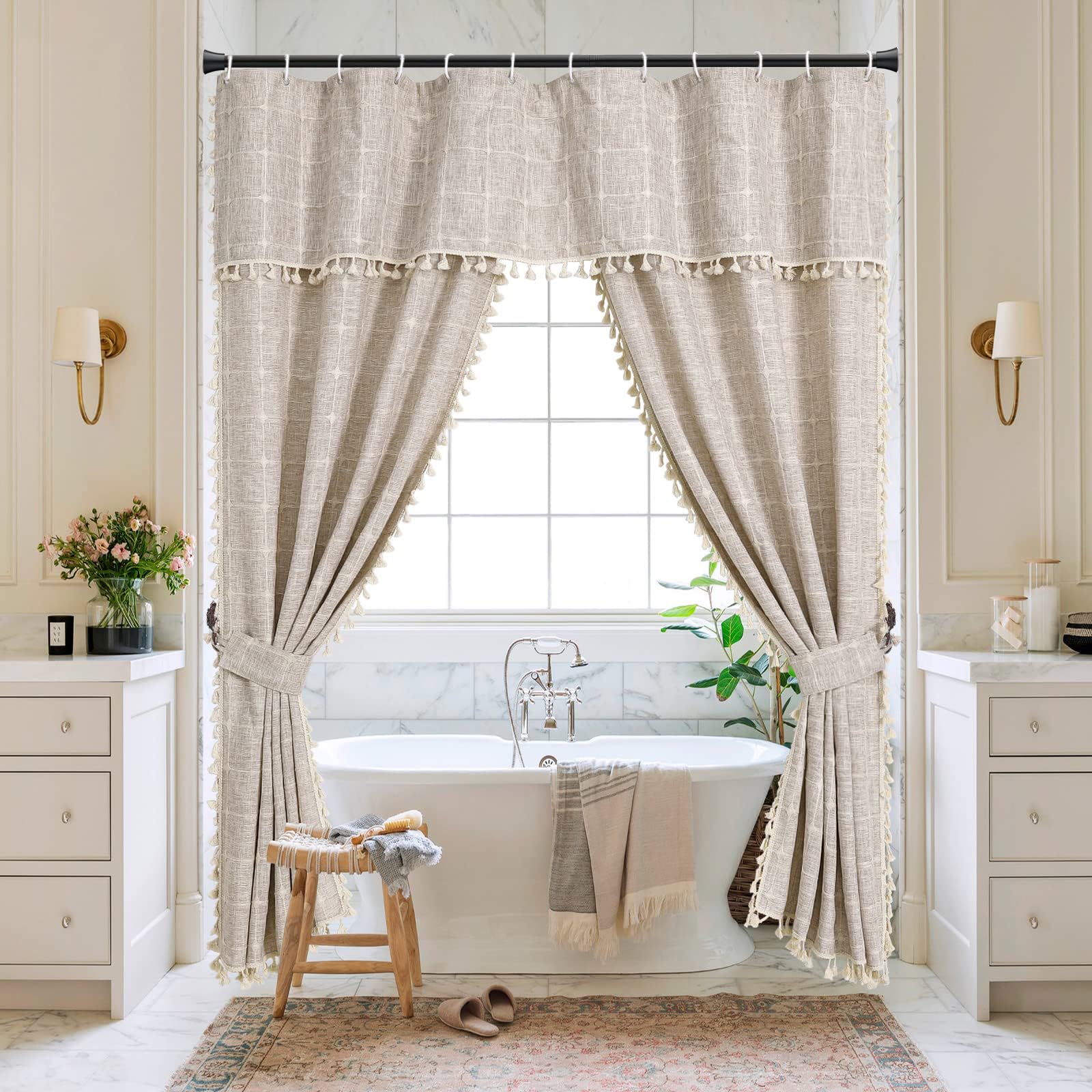 eboatop Tension Curtain Rod - Black Shower Curtain Rod - Adjustable 47 to 56 inch Spring Tension Shower Rod No Drilling Non Slip, Matte Black
